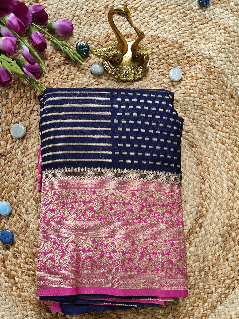 NAVY BLUE CRAPE SILK WITH KATAN BORDER – TANTURI