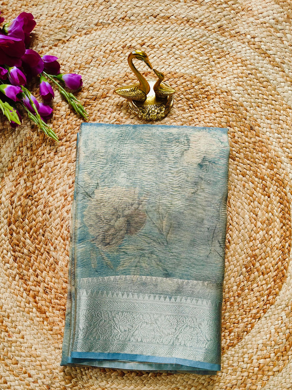 POWDER BLUE CRUSHED TISSUE SILK SAREE WITH DIGITAL PRINT – TANTURI